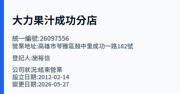 大力果汁成功分店的照片-統編 26097556(高雄市) 公司登記資料與營業項目詳細圖表