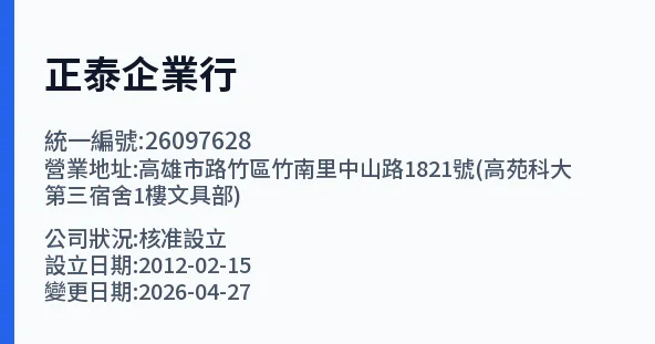 正泰企業行的照片-統編 26097628(高雄市) 公司登記資料與營業項目詳細圖表