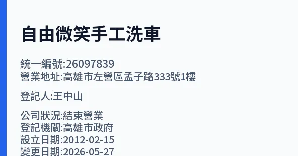 自由微笑手工洗車的照片-統編 26097839(高雄市) 公司登記資料與營業項目詳細圖表