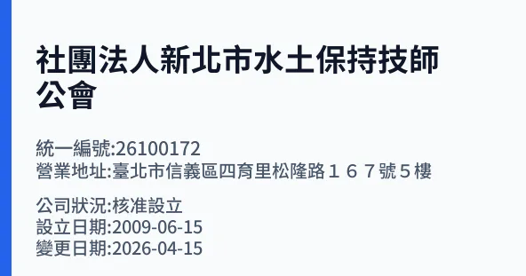 社團法人新北市水土保持技師公會的照片-統編 26100172(臺北市) 公司登記資料與營業項目詳細圖表