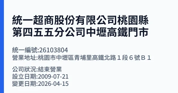 統一超商股份有限公司桃園縣第四五五分公司中壢高鐵門市的照片-統編 26103804(桃園市) 公司登記資料與營業項目詳細圖表
