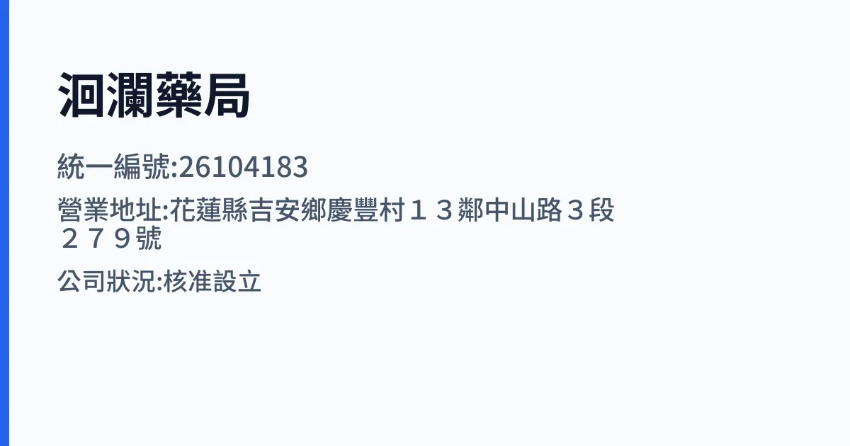 洄瀾藥局 - 統編 26104183(花蓮縣) 公司登記資料與營業項目詳細圖表