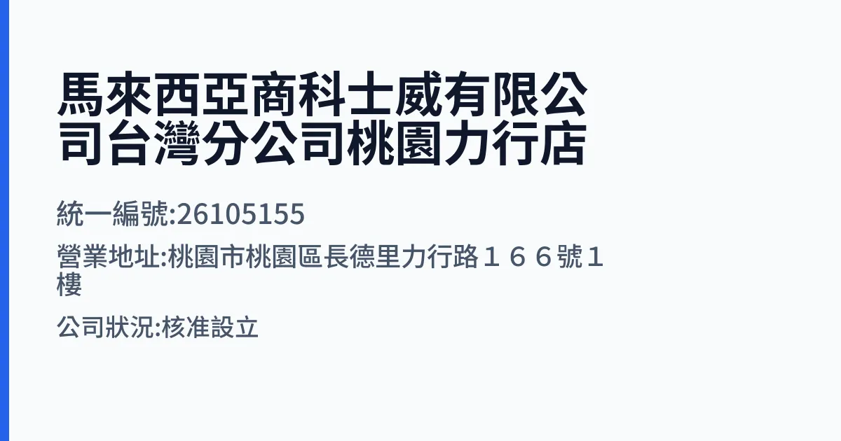 馬來西亞商科士威有限公司台灣分公司桃園力行店 - 統編 26105155(桃園市) 公司登記資料與營業項目詳細圖表