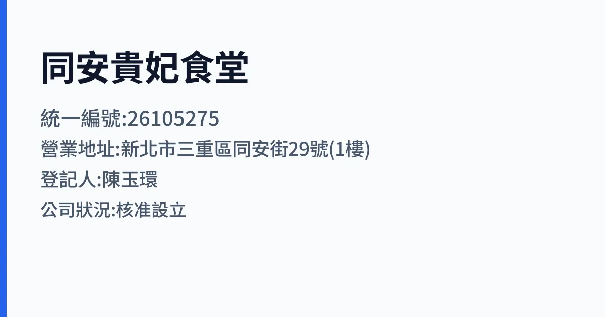 同安貴妃食堂 - 統編 26105275(新北市) 公司登記資料與營業項目詳細圖表