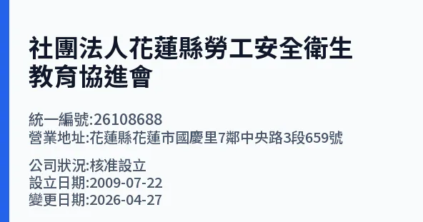 社團法人花蓮縣勞工安全衛生教育協進會的照片-統編 26108688(花蓮縣) 公司登記資料與營業項目詳細圖表