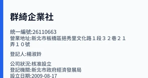 群綺企業社的照片-統編 26110663(新北市) 公司登記資料與營業項目詳細圖表