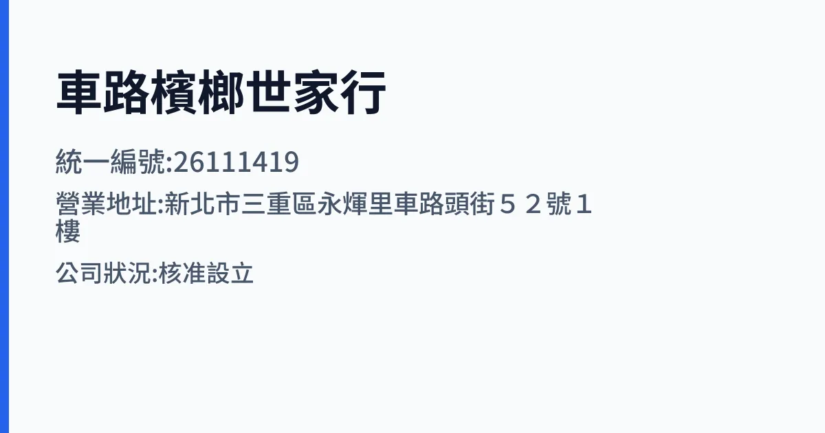 車路檳榔世家行 - 統編 26111419(新北市) 公司登記資料與營業項目詳細圖表