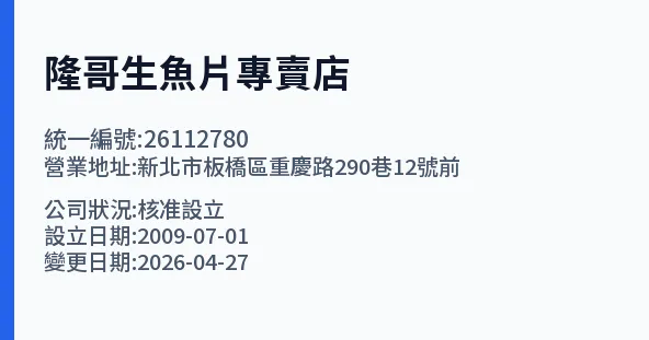 隆哥生魚片專賣店的照片-統編 26112780(新北市) 公司登記資料與營業項目詳細圖表