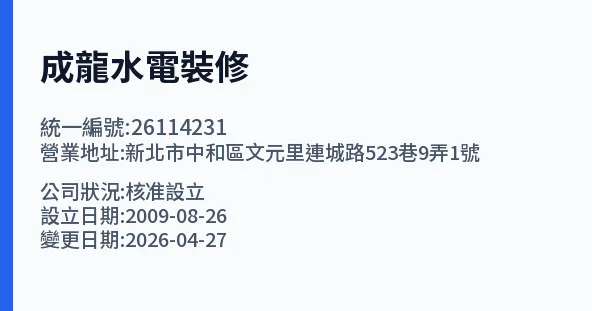 成龍水電裝修的照片-統編 26114231(新北市) 公司登記資料與營業項目詳細圖表