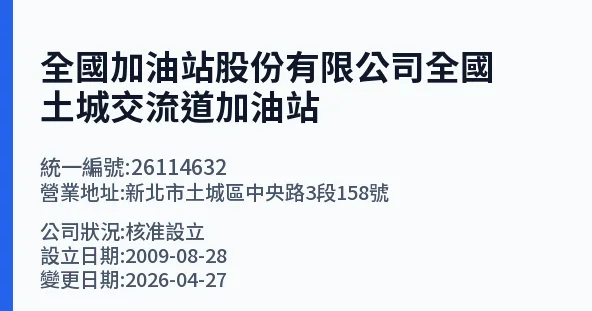 全國加油站股份有限公司全國土城交流道加油站的照片-統編 26114632(新北市) 公司登記資料與營業項目詳細圖表
