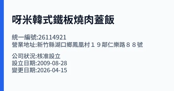 呀米韓式鐵板燒肉蓋飯的照片-統編 26114921(新竹縣) 公司登記資料與營業項目詳細圖表