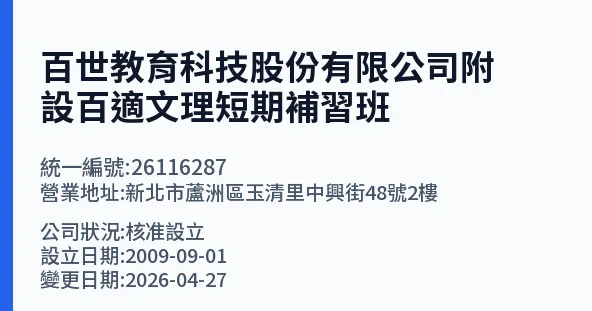 百世教育科技股份有限公司附設百適文理短期補習班的照片-統編 26116287(新北市) 公司登記資料與營業項目詳細圖表