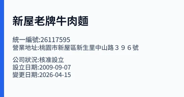 新屋老牌牛肉麵的照片-統編 26117595(桃園市) 公司登記資料與營業項目詳細圖表