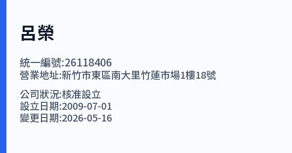 呂榮的照片-統編 26118406(新竹市) 公司登記資料與營業項目詳細圖表