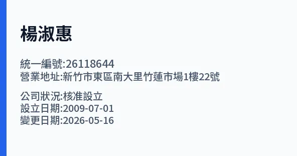 楊淑惠的照片-統編 26118644(新竹市) 公司登記資料與營業項目詳細圖表