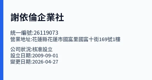 謝依倫企業社的照片-統編 26119073(花蓮縣) 公司登記資料與營業項目詳細圖表