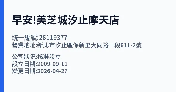早安!美芝城汐止摩天店的照片-統編 26119377(新北市) 公司登記資料與營業項目詳細圖表