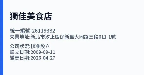 獨佳美食店的照片-統編 26119382(新北市) 公司登記資料與營業項目詳細圖表