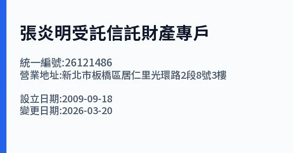 張炎明受託信託財產專戶的照片-統編 26121486(新北市) 公司登記資料與營業項目詳細圖表