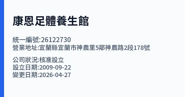 康恩足體養生館的照片-統編 26122730(宜蘭縣) 公司登記資料與營業項目詳細圖表