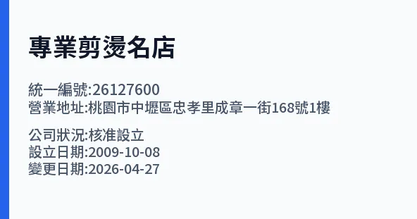 專業剪燙名店的照片-統編 26127600(桃園市) 公司登記資料與營業項目詳細圖表