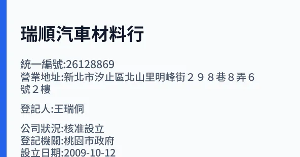瑞順汽車材料行的照片-統編 26128869(新北市) 公司登記資料與營業項目詳細圖表