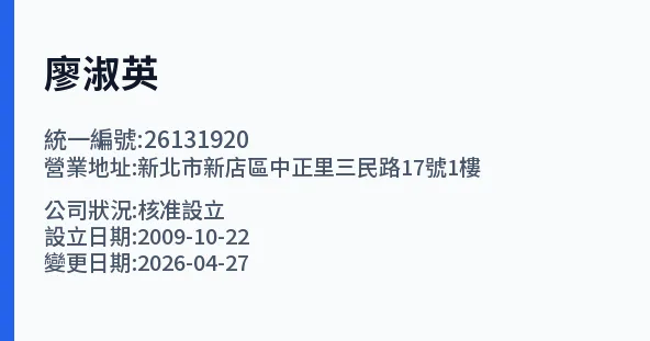 廖淑英的照片-統編 26131920(新北市) 公司登記資料與營業項目詳細圖表