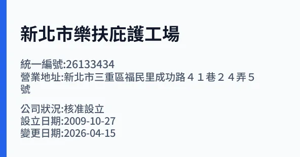新北市樂扶庇護工場的照片-統編 26133434(新北市) 公司登記資料與營業項目詳細圖表