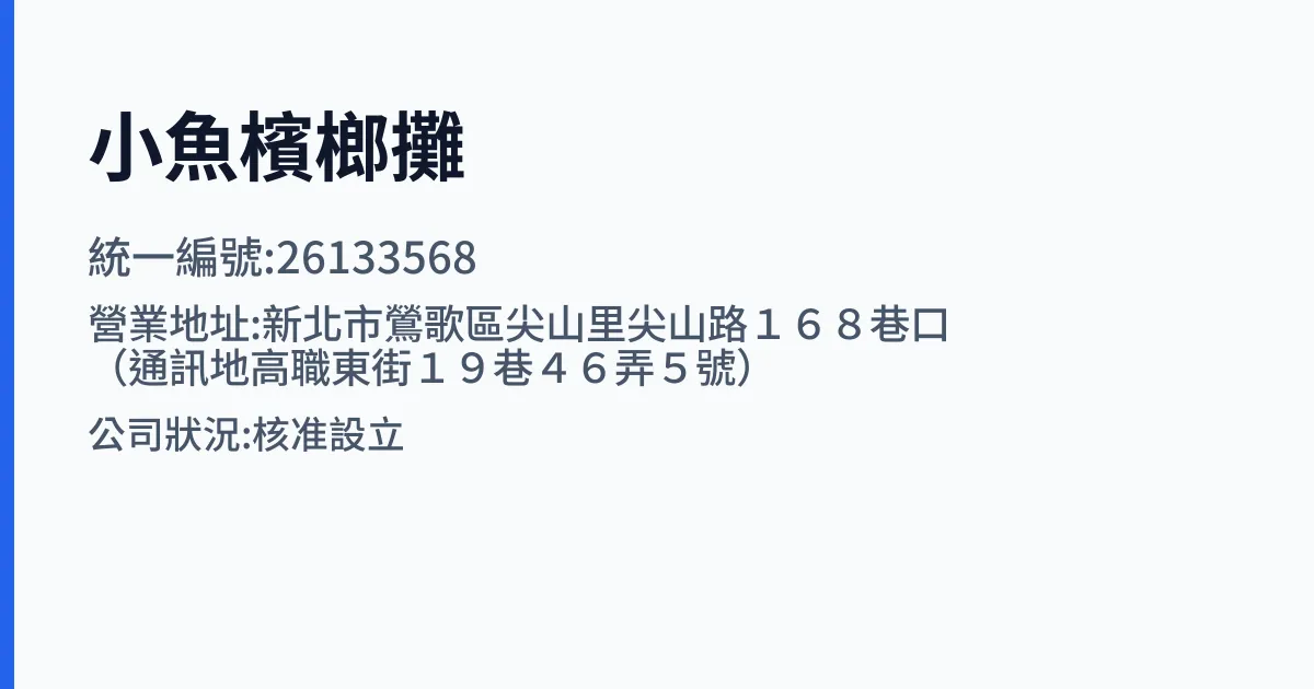 小魚檳榔攤 - 統編 26133568(新北市) 公司登記資料與營業項目詳細圖表