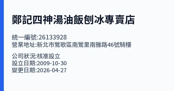 鄭記四神湯油飯刨冰專賣店的照片-統編 26133928(新北市) 公司登記資料與營業項目詳細圖表