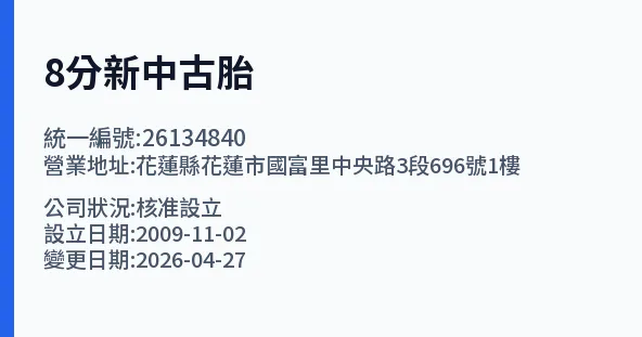8分新中古胎的照片-統編 26134840(花蓮縣) 公司登記資料與營業項目詳細圖表