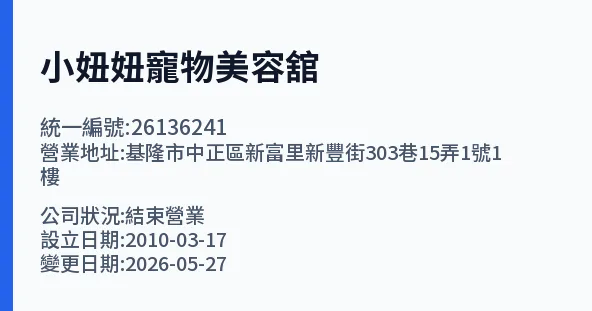 小妞妞寵物美容舘的照片-統編 26136241(基隆市) 公司登記資料與營業項目詳細圖表