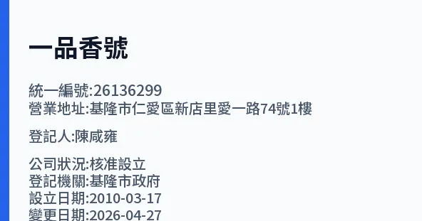 一品香號的照片-統編 26136299(基隆市) 公司登記資料與營業項目詳細圖表