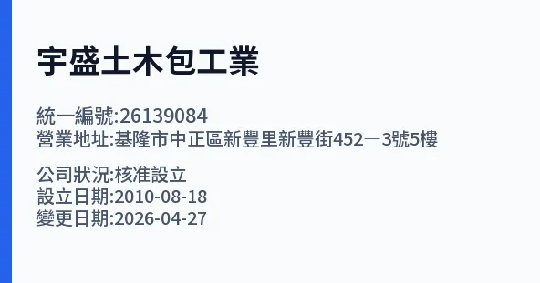 宇盛土木包工業的照片-統編 26139084(基隆市) 公司登記資料與營業項目詳細圖表