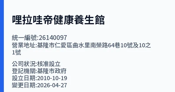 哩拉哇帝健康養生館的照片-統編 26140097(基隆市) 公司登記資料與營業項目詳細圖表