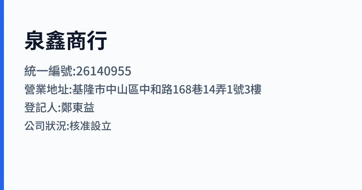 泉鑫商行 - 統編 26140955(基隆市) 公司登記資料與營業項目詳細圖表