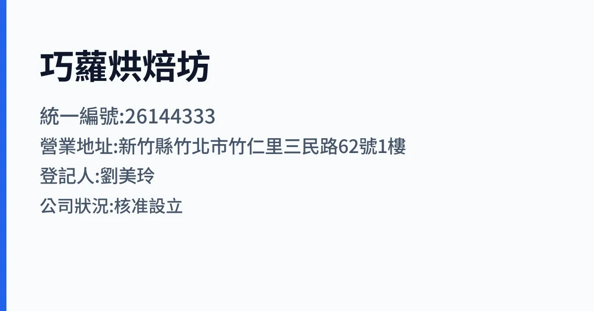 巧蘿烘焙坊 - 統編 26144333(新竹縣) 公司登記資料與營業項目詳細圖表