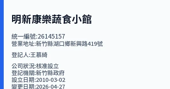 明新康樂蔬食小館的照片-統編 26145157(新竹縣) 公司登記資料與營業項目詳細圖表