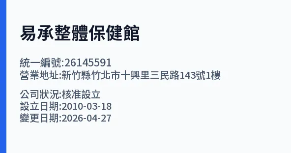 易承整體保健館的照片-統編 26145591(新竹縣) 公司登記資料與營業項目詳細圖表