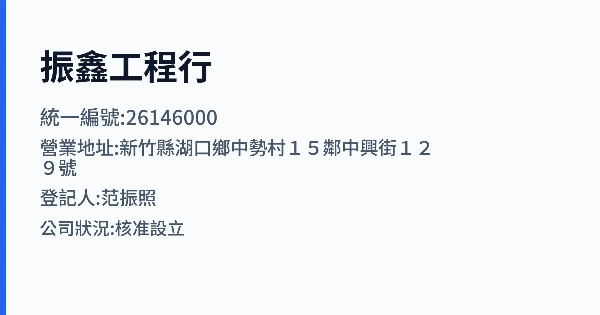 振鑫工程行 - 統編 26146000(新竹縣) 公司登記資料與營業項目詳細圖表