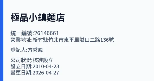 極品小鎮麵店的照片-統編 26146661(新竹縣) 公司登記資料與營業項目詳細圖表