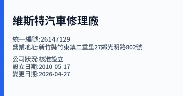 維斯特汽車修理廠的照片-統編 26147129(新竹縣) 公司登記資料與營業項目詳細圖表