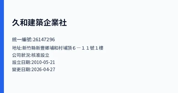 久和建築企業社的照片-統編 26147296(新竹縣) 公司登記資料與營業項目詳細圖表