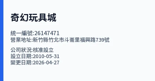 奇幻玩具城的照片-統編 26147471(新竹縣) 公司登記資料與營業項目詳細圖表