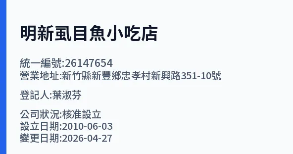 明新虱目魚小吃店的照片-統編 26147654(新竹縣) 公司登記資料與營業項目詳細圖表