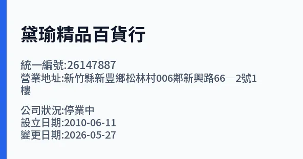黛瑜精品百貨行的照片-統編 26147887(新竹縣) 公司登記資料與營業項目詳細圖表