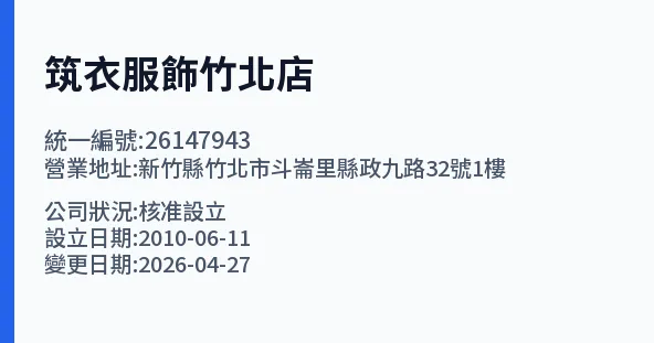 筑衣服飾竹北店的照片-統編 26147943(新竹縣) 公司登記資料與營業項目詳細圖表