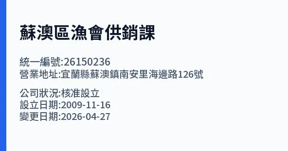 蘇澳區漁會供銷課的照片-統編 26150236(宜蘭縣) 公司登記資料與營業項目詳細圖表