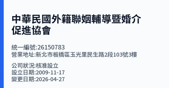 中華民國外籍聯姻輔導暨婚介促進協會的照片-統編 26150783(新北市) 公司登記資料與營業項目詳細圖表