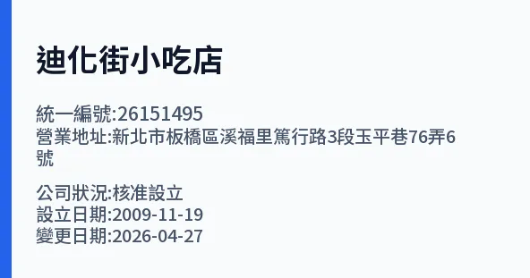 迪化街小吃店的照片-統編 26151495(新北市) 公司登記資料與營業項目詳細圖表